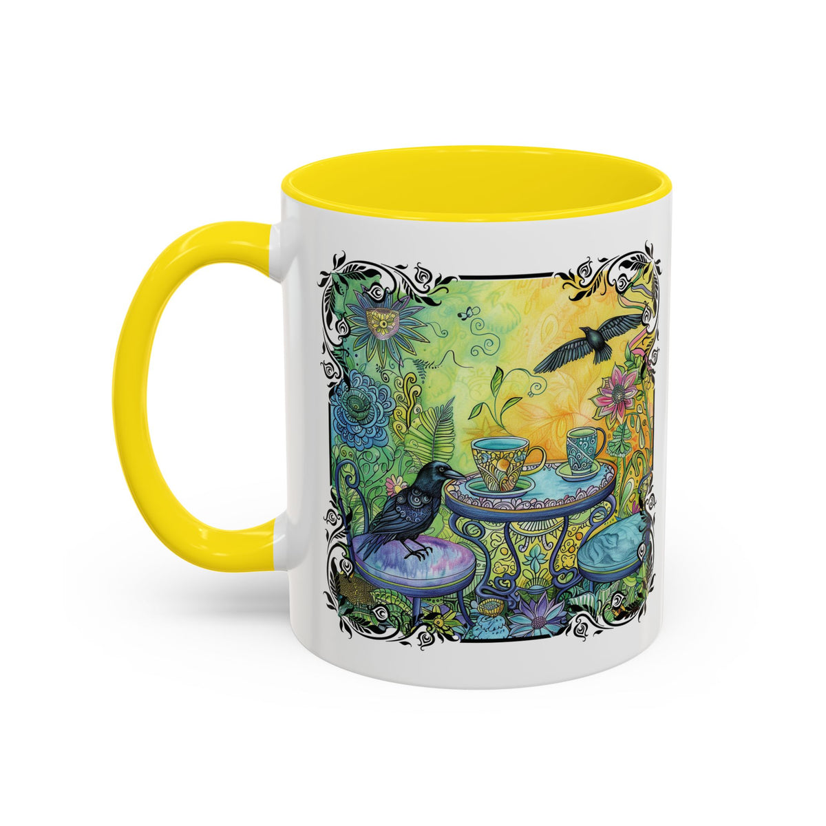Raven and Crow Zentangle Tea Party, Bird Lover Gift, Colorful Accent C ...
