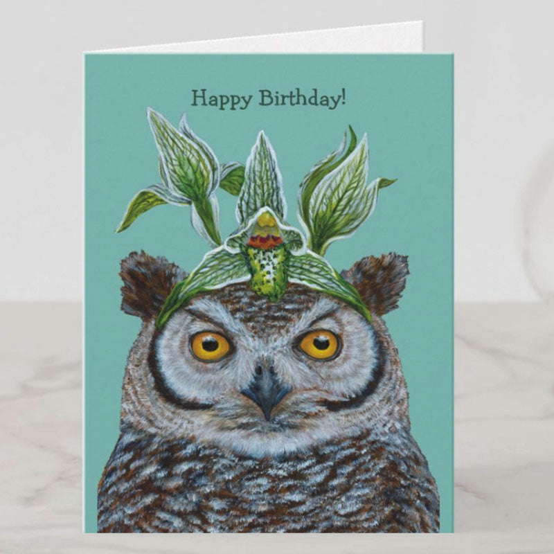 Rodrigo the Magellanic Horned Owl Birthday Card, Birds with Hats, Blan ...