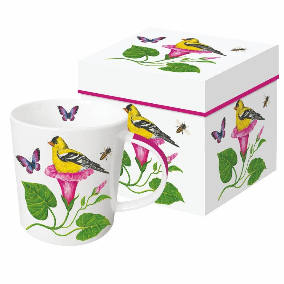 Morning Glory Nest - Goldfinch, Butterflies and Bee in a Pink Morning ...